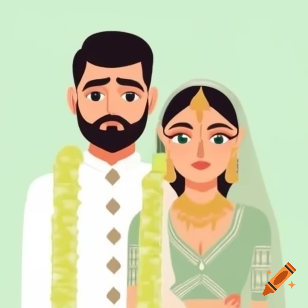 Mehndi couple illustration with groom in white and bride in dull green ...