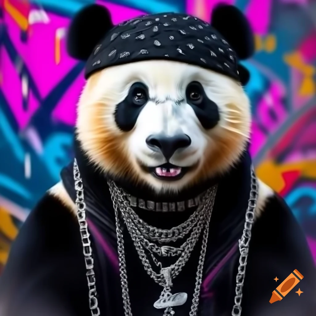 Gangsta panda with bandana and chains in graffiti background, digital ...