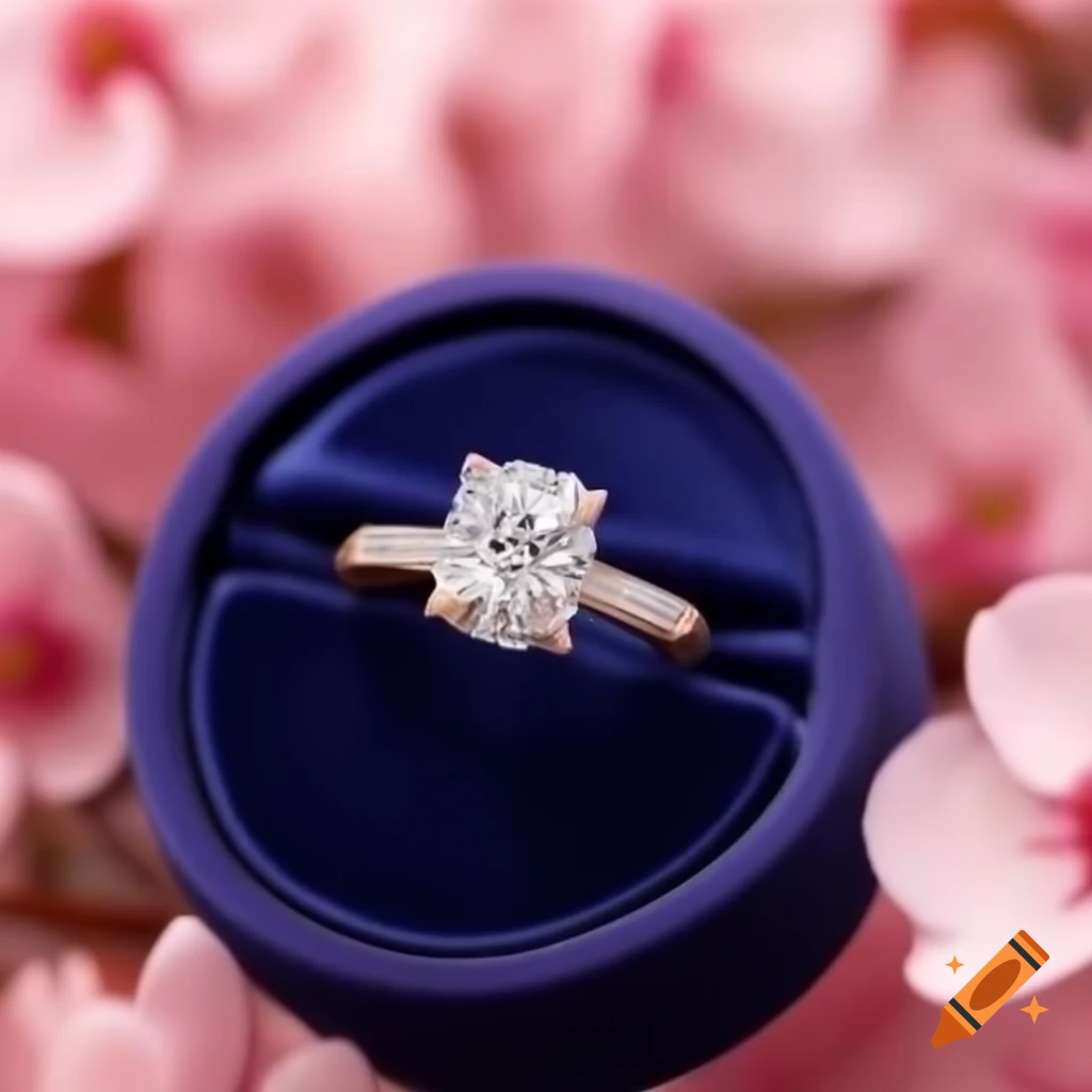 Diamond wedding ring in velvet box with blooming pink cherry blossoms ...