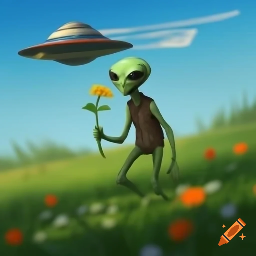 Alien offering a flower with flying saucer in a grassy field on Craiyon