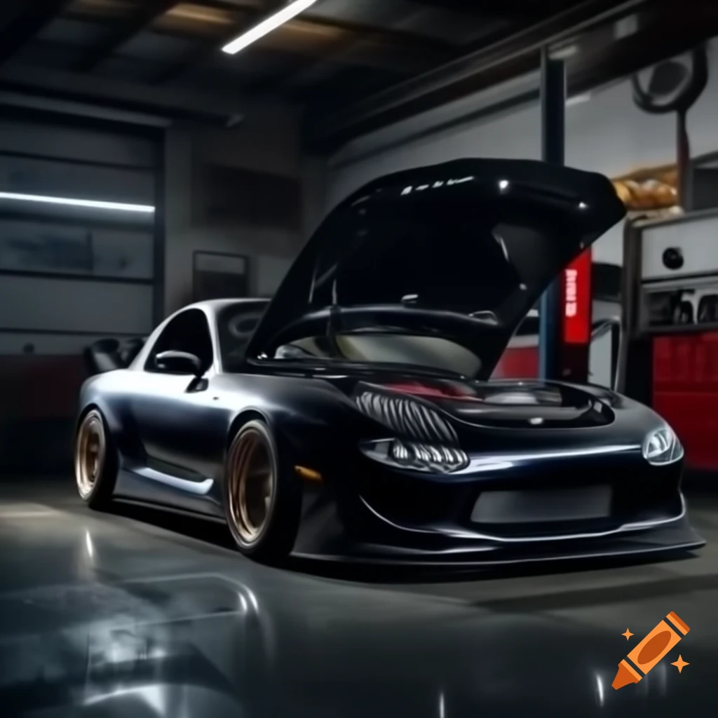 Mazda RX-7 with open hood in mechanic shop garage on Craiyon