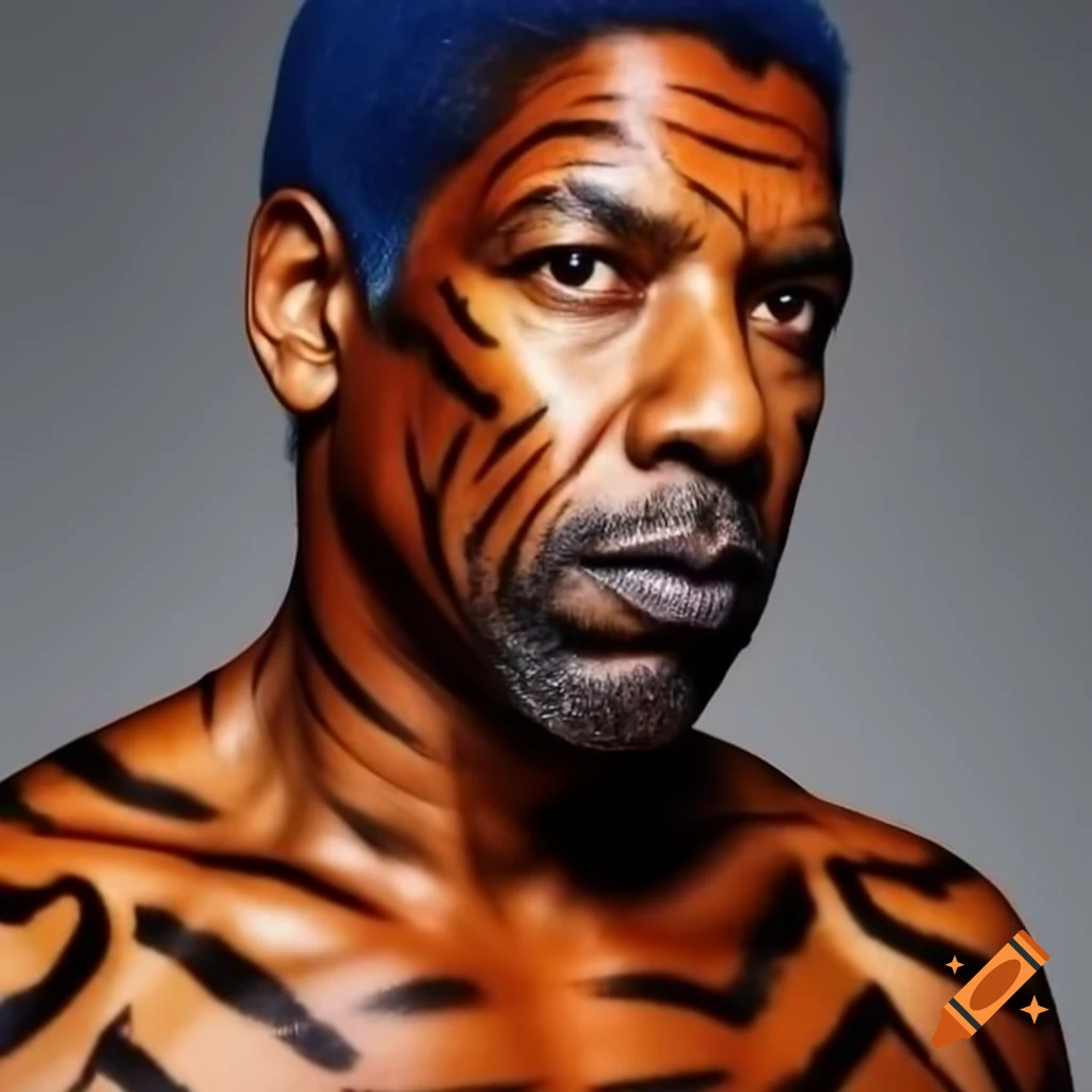Muscular man with tiger-style makeup, blue hair, and orange skin on Craiyon