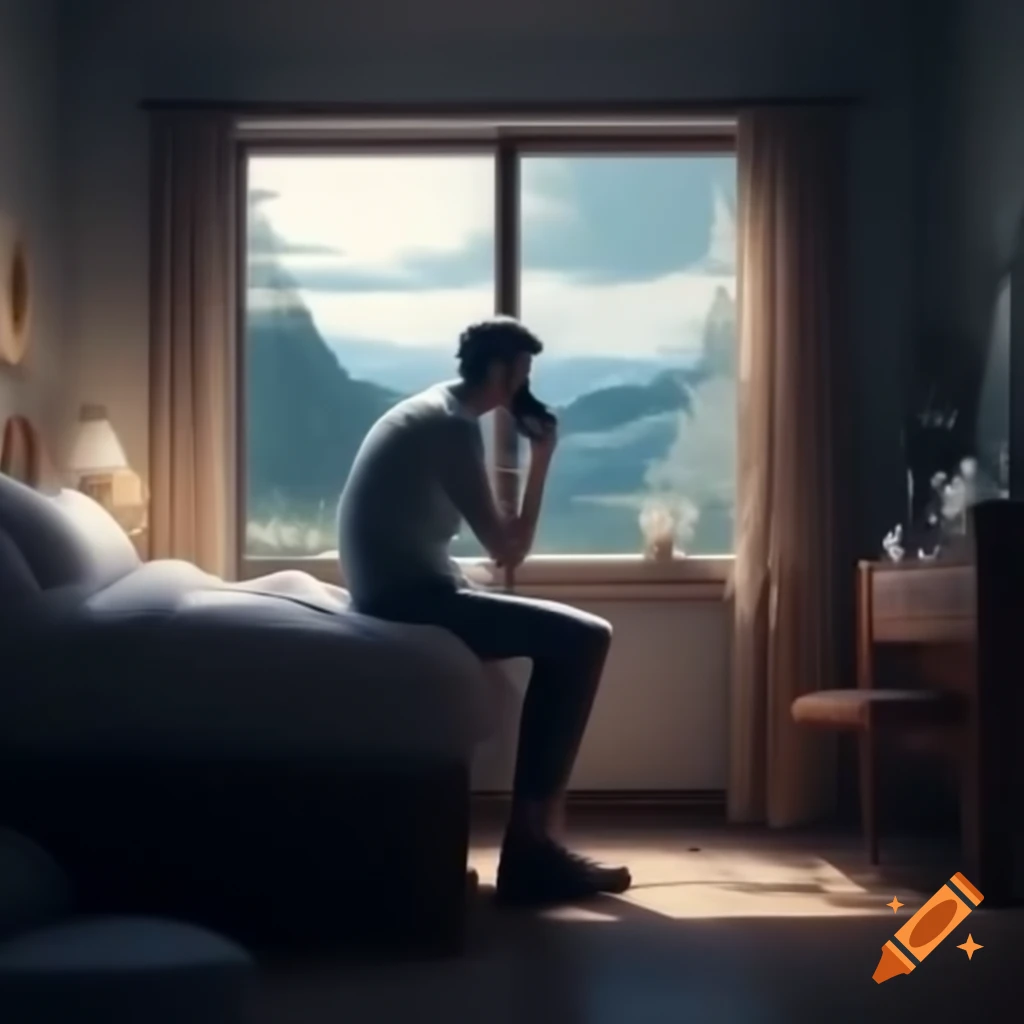 Man getting up from bed reaching for phone alarm with sunlight ...