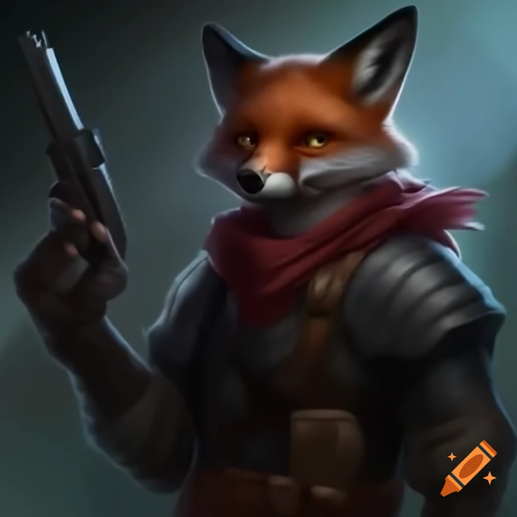 Fox character holding a gun in a fantasy narrative setting on Craiyon