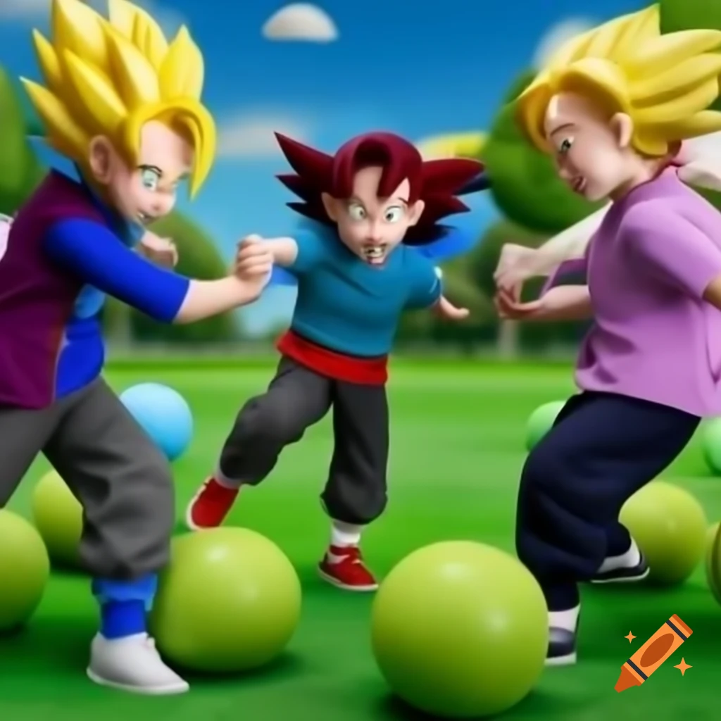 Dragon Ball characters playing hopscotch in a playground on Craiyon