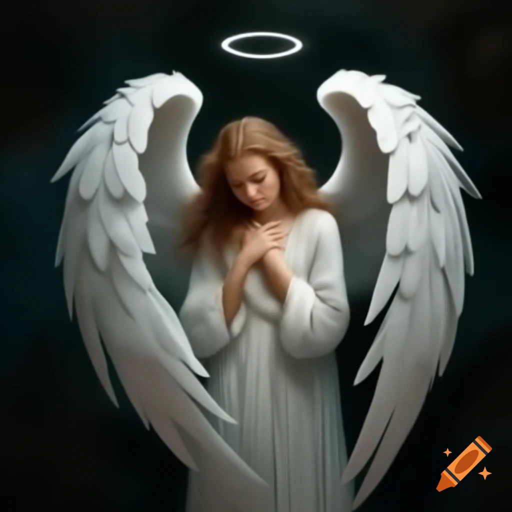 Angel with wings wrapped around in a comforting embrace on Craiyon