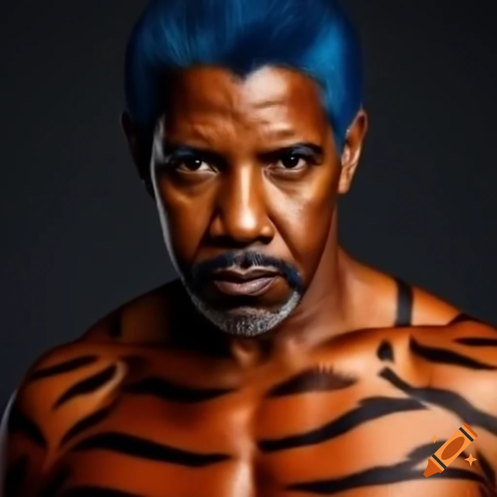 Muscular man with tiger makeup and blue hair, artistic representation ...