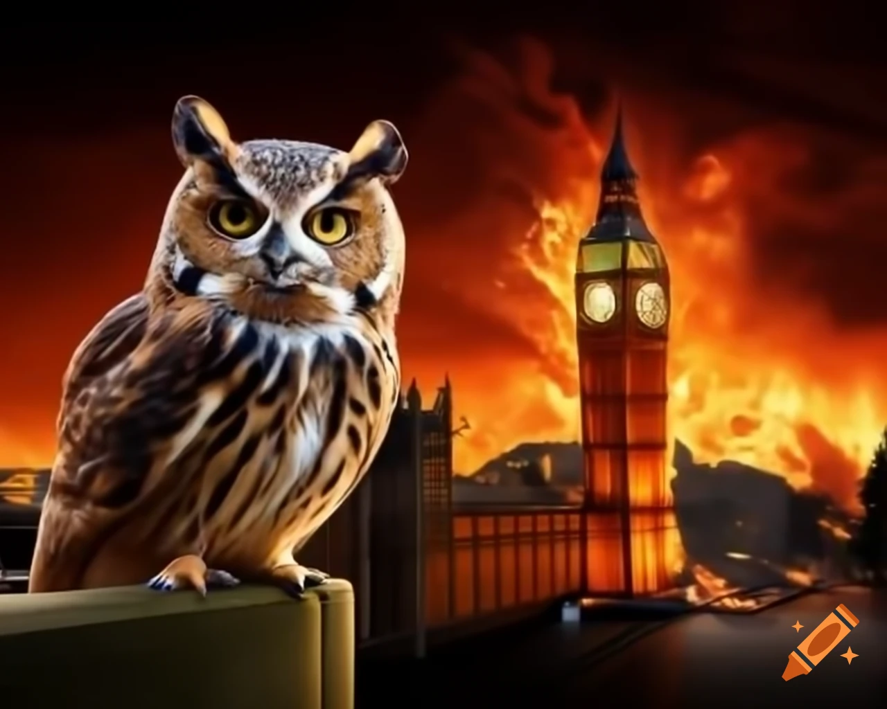 Owl wearing glasses spitting fire at Big Ben on Craiyon