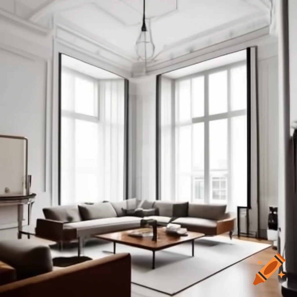 Elegant living room mockup with high ceilings and solid rubberwood ...