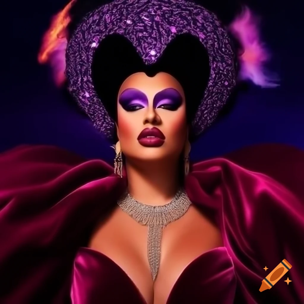 Sunset themed promo look for drag queen Emily in sapphire and dark plum colors on Craiyon