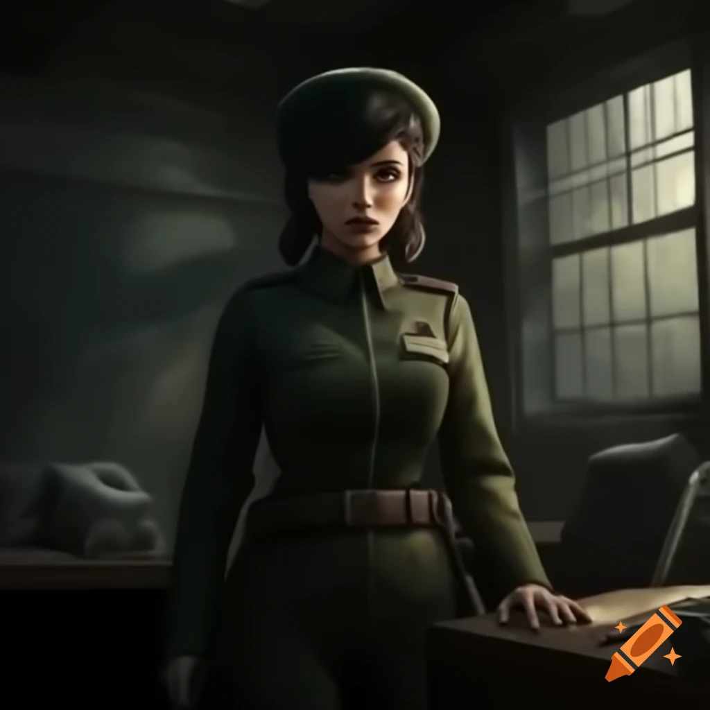 Commander in post-apocalyptic office with dim light and zombie-infested ...