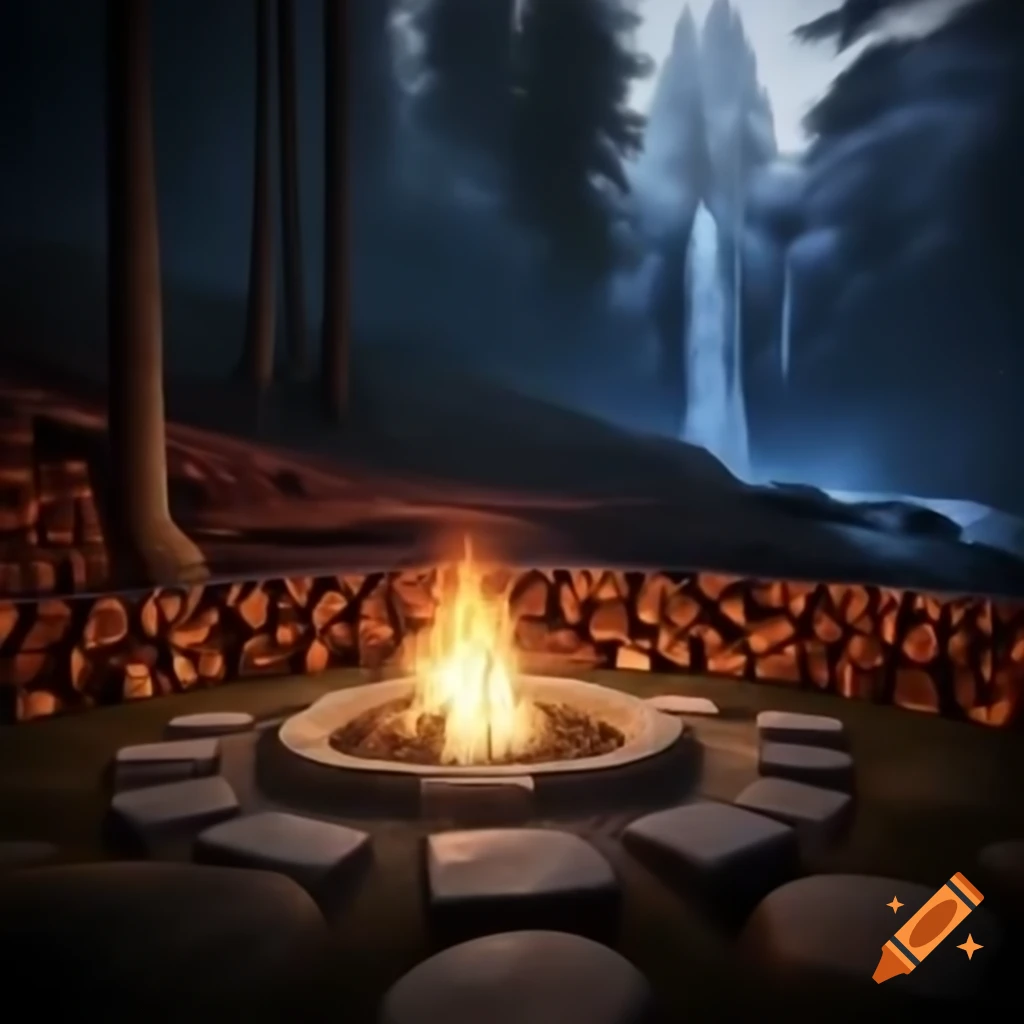 Hyper-realistic outdoor fireplace glowing with fire in serene highland ...