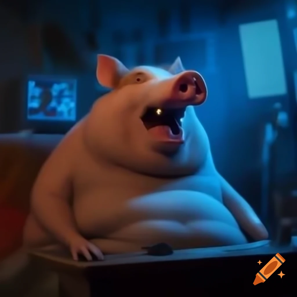 Hog laughing at TV with blue light illuminating its face on Craiyon