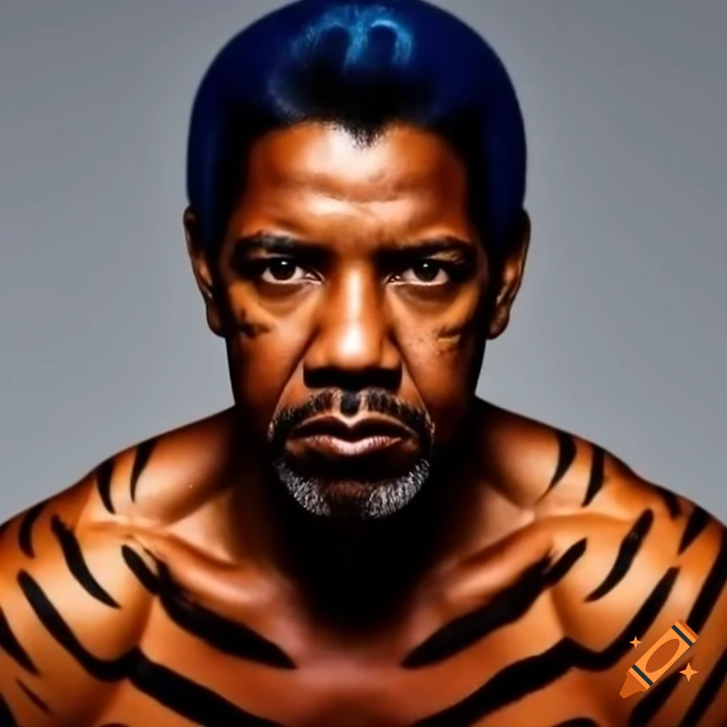 Muscular person resembling Denzel Washington with tiger makeup on Craiyon