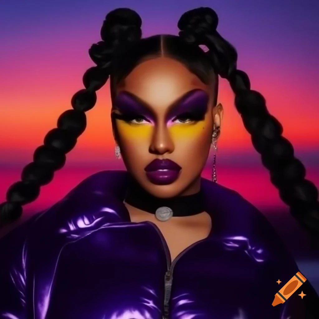 Sporty Y2K look of drag queen BBG with purple and yellow ombre puffer jacket on Craiyon