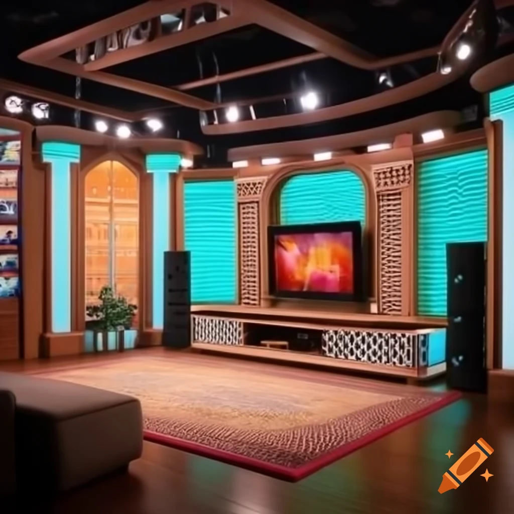 Bright Islamic television studio set with wood decoration and old rug ...