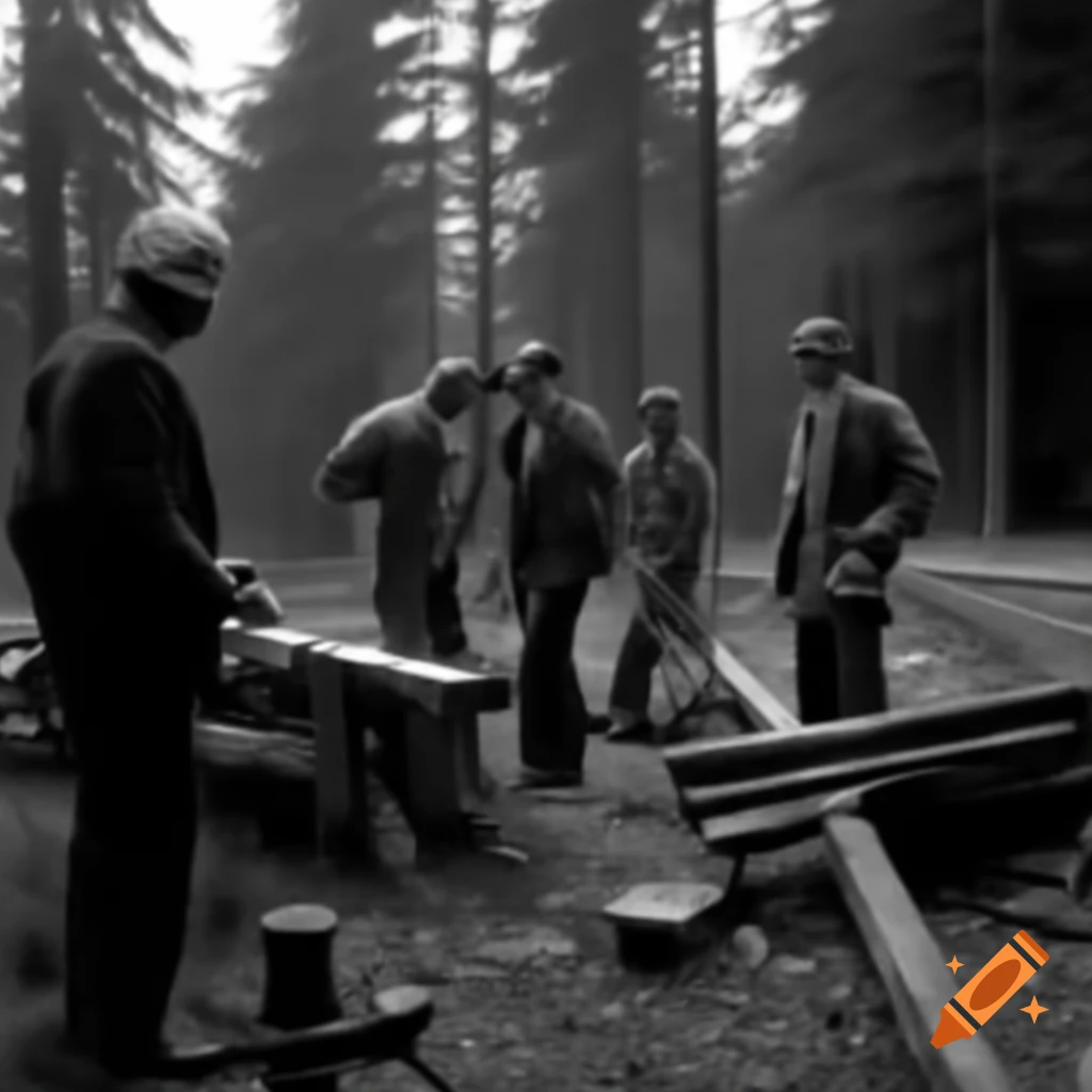 Vintage scene of French lumberjacks in 1960s Vosges mountains with manual tools on Craiyon