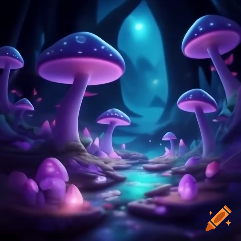 Vibrant fantasy forest with glowing mushrooms, crystals, and purple trees under starry turquoise ...