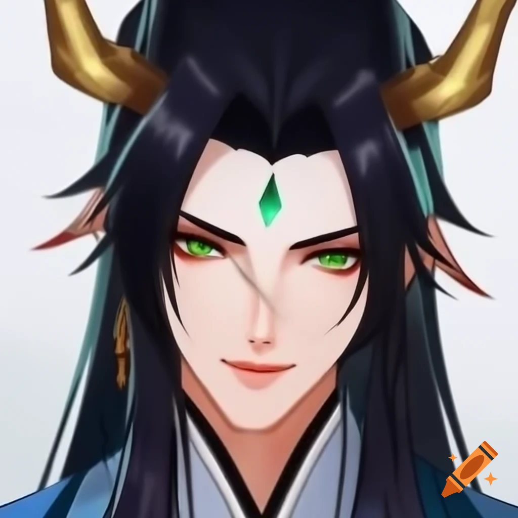Vidyadhara character from Honkai: Star Rail, young man with long black ponytail and emerald ...