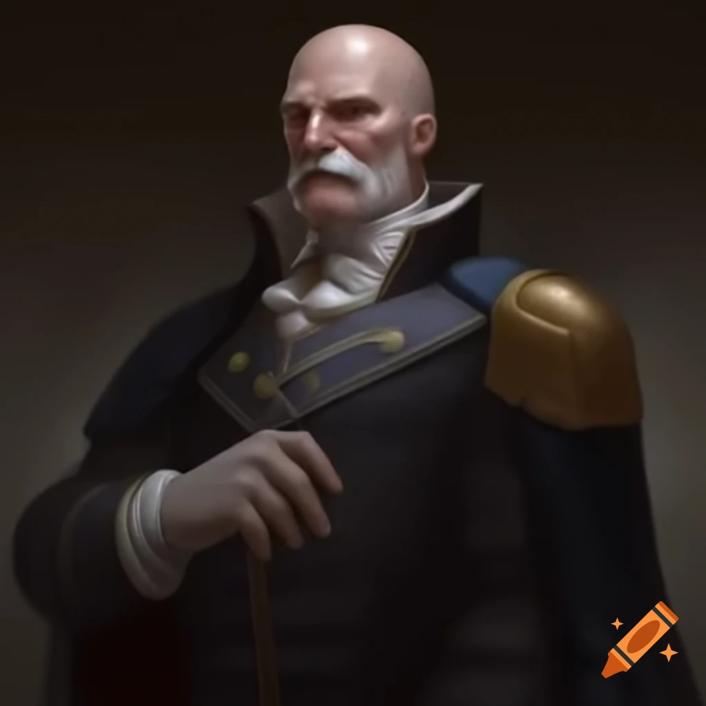 Middle aged nobleman in regal suit with bald head, white sideburns, and ...