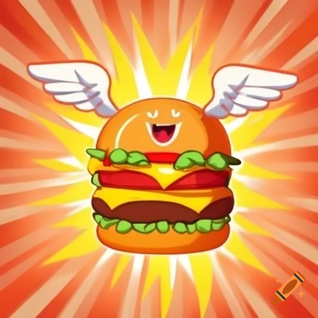 Playful cartoon cheeseburger with wings flying through orange and ...