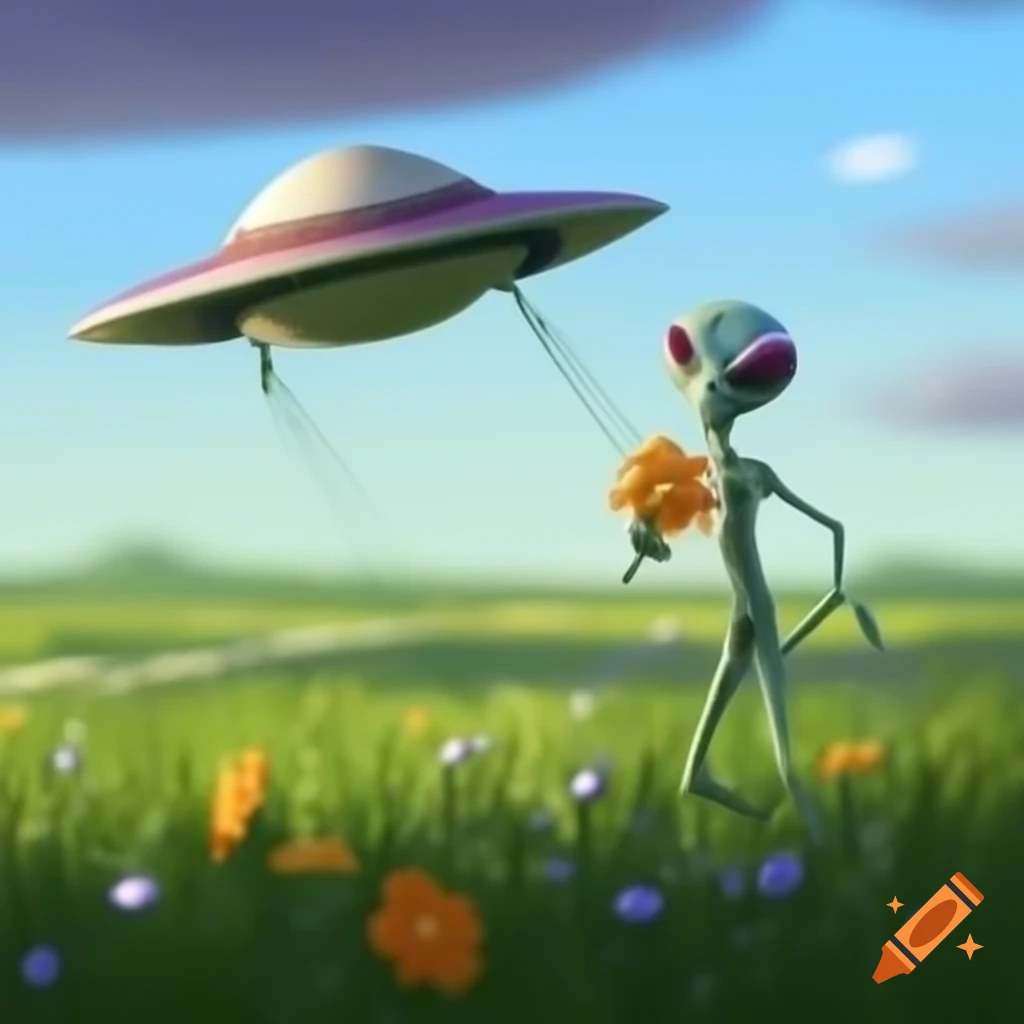 Alien offering a flower with flying saucer in a grassy field on Craiyon