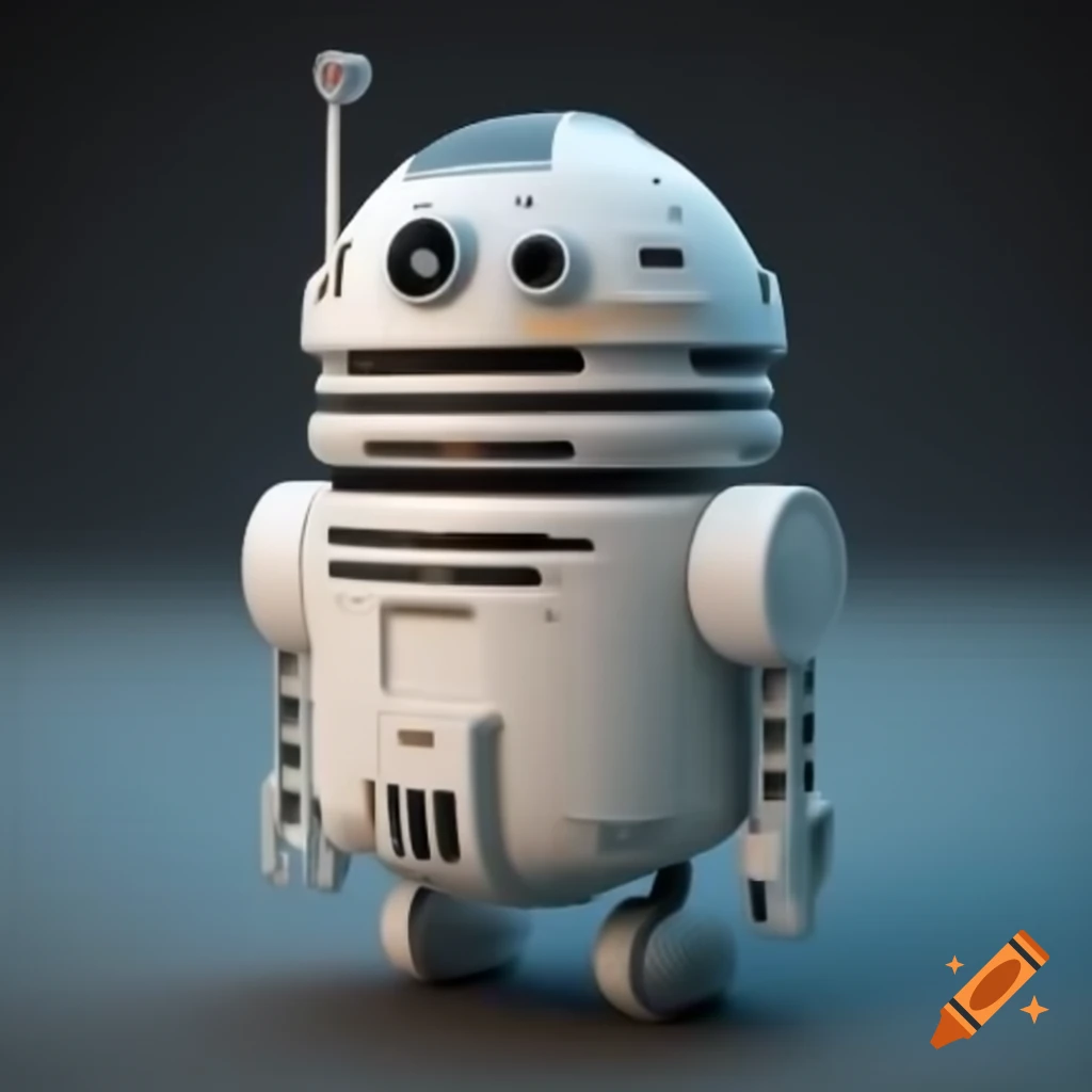 Photorealistic digital render of a charming 3D printed droid with LED-style eyes on Craiyon