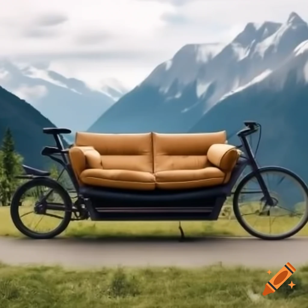Unique sofa attached to a bicycle in mountainous landscape on Craiyon