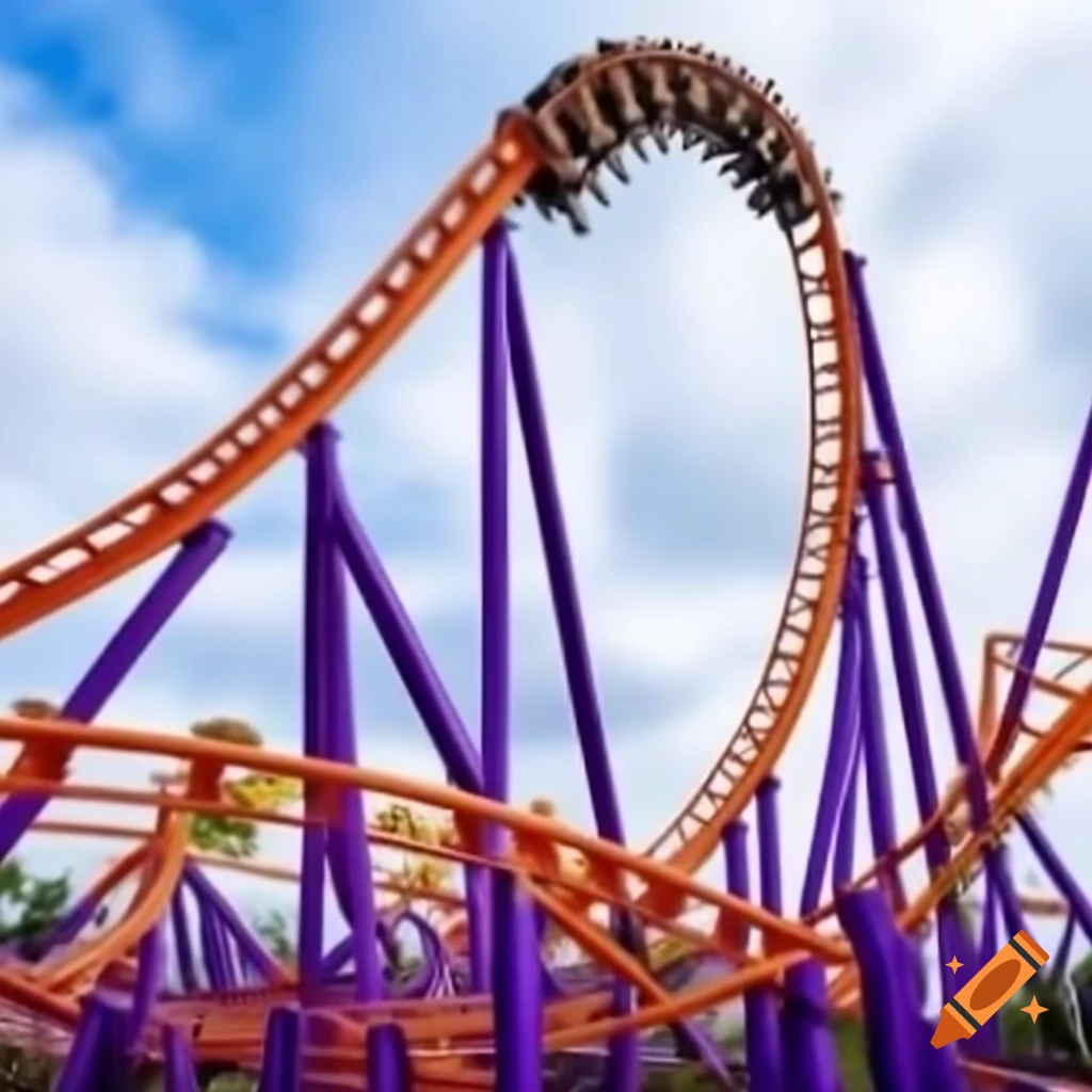 Purple and orange steel roller coaster with inversions and electric ...