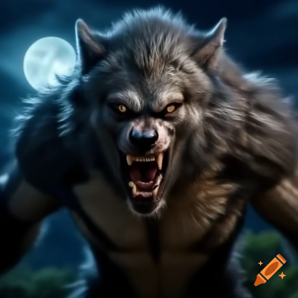 Powerful werewolf under moonlight with fierce eyes and dense fur on Craiyon