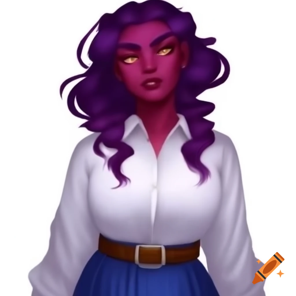 Tiefling character with maroon skin and purple hair in white shirt and ...