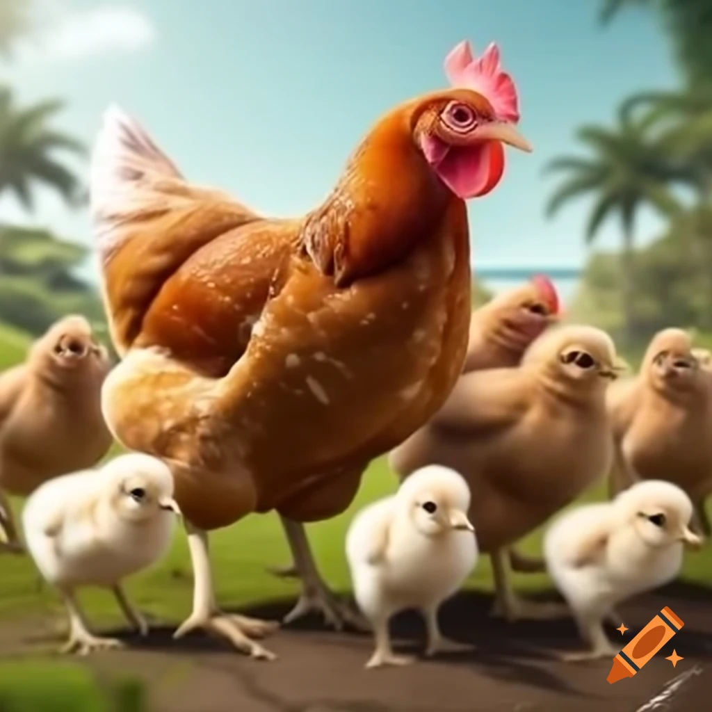 Red layers chicken with eggs and a smiling chick in coastal background ...