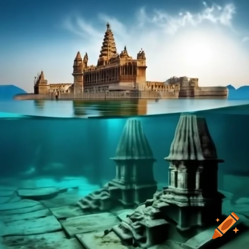 Ancient underwater city of Dwarka with submerged temples and clear blue ...