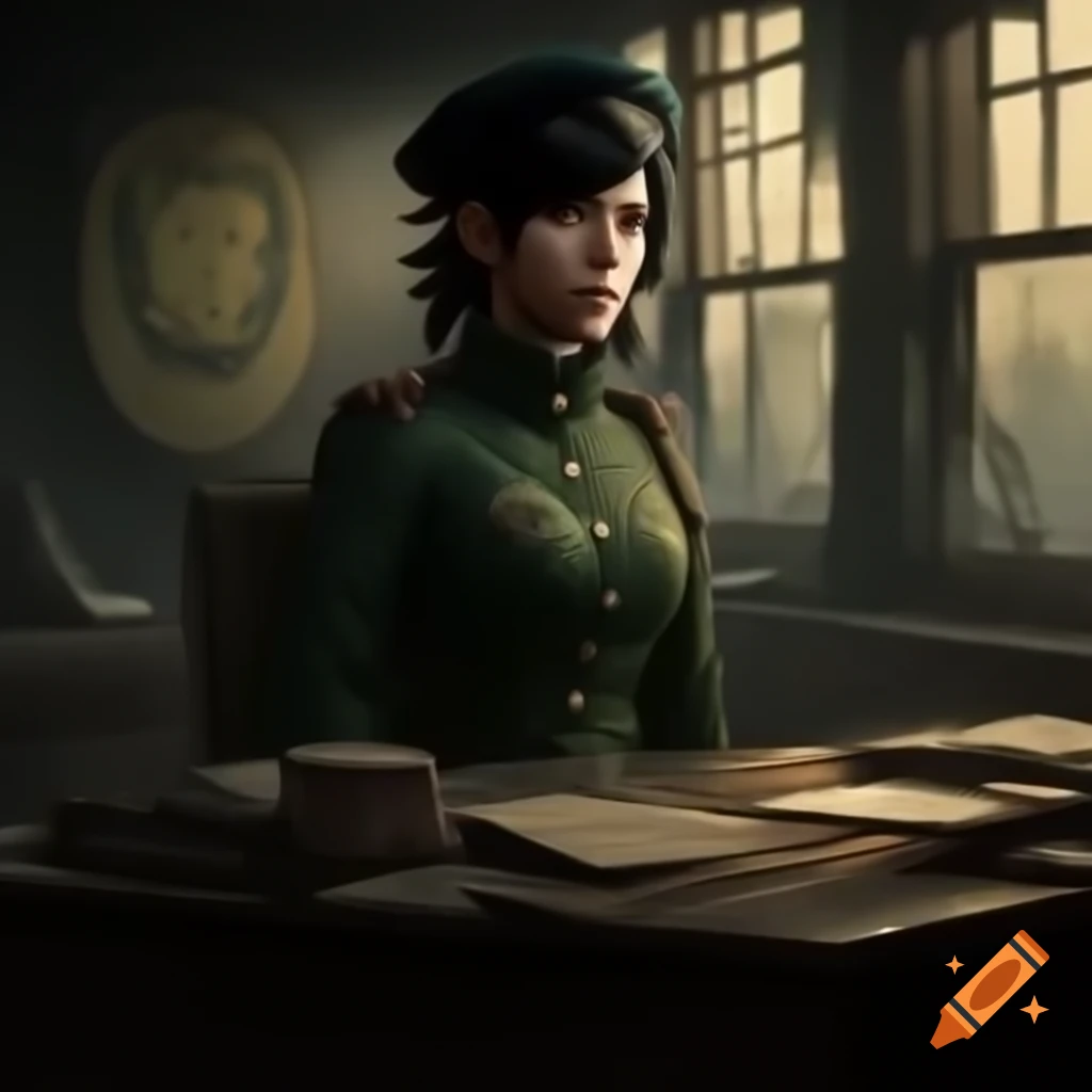 Commander in post-apocalyptic office with dim light and zombie-infested ...