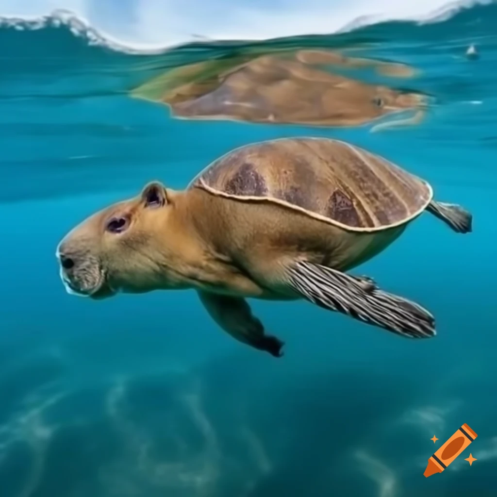 Imaginary creature of capybara and turtle swimming in the sea on Craiyon