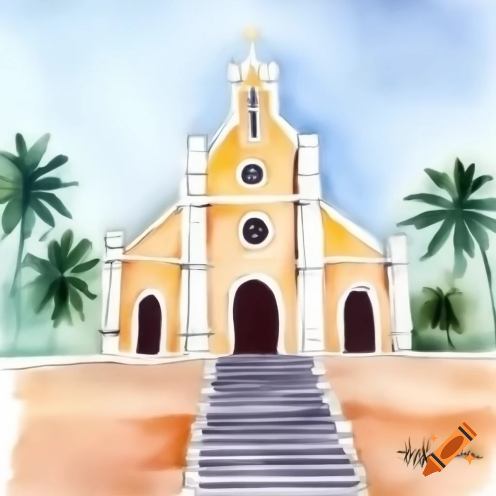 Watercolor painting of Goa church with palm trees and warm color ...