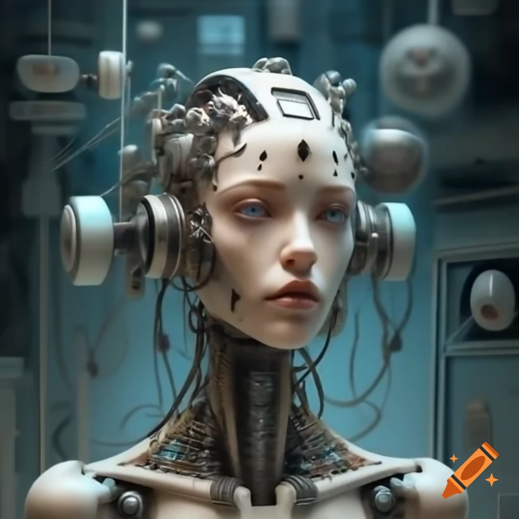 Woman with robotic limbs and electronic features listening to music on ...