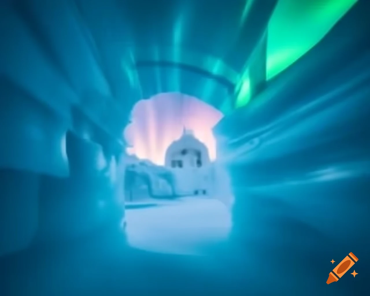 Open ice door leading into large ice castle illuminated by northern ...