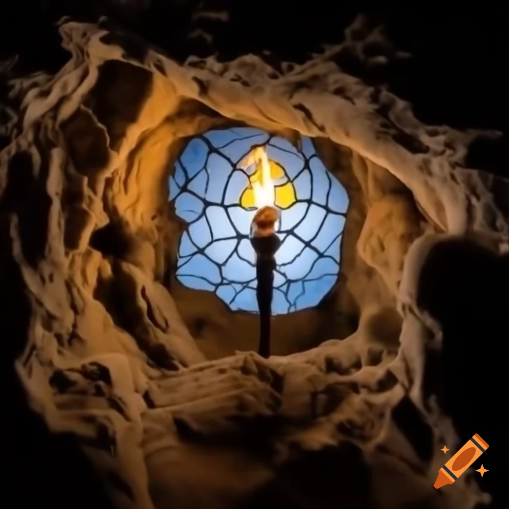 Glass mosaic style artwork of torch illuminating a dark cave on Craiyon