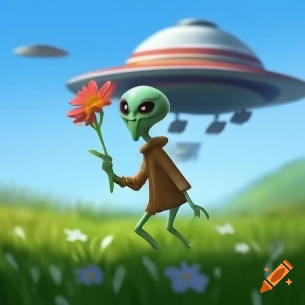 Alien offering a flower with flying saucer in a grassy field on Craiyon