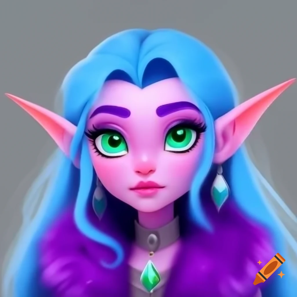 High elf with blue hair and crystal skin in purple fur coat on Craiyon