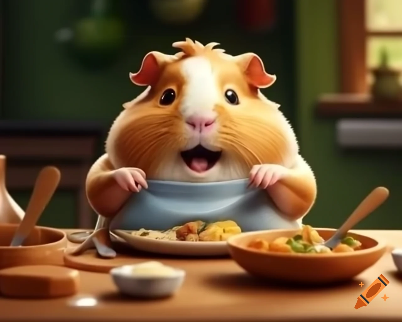 Animated guinea pig dad happily cooking a meal on Craiyon