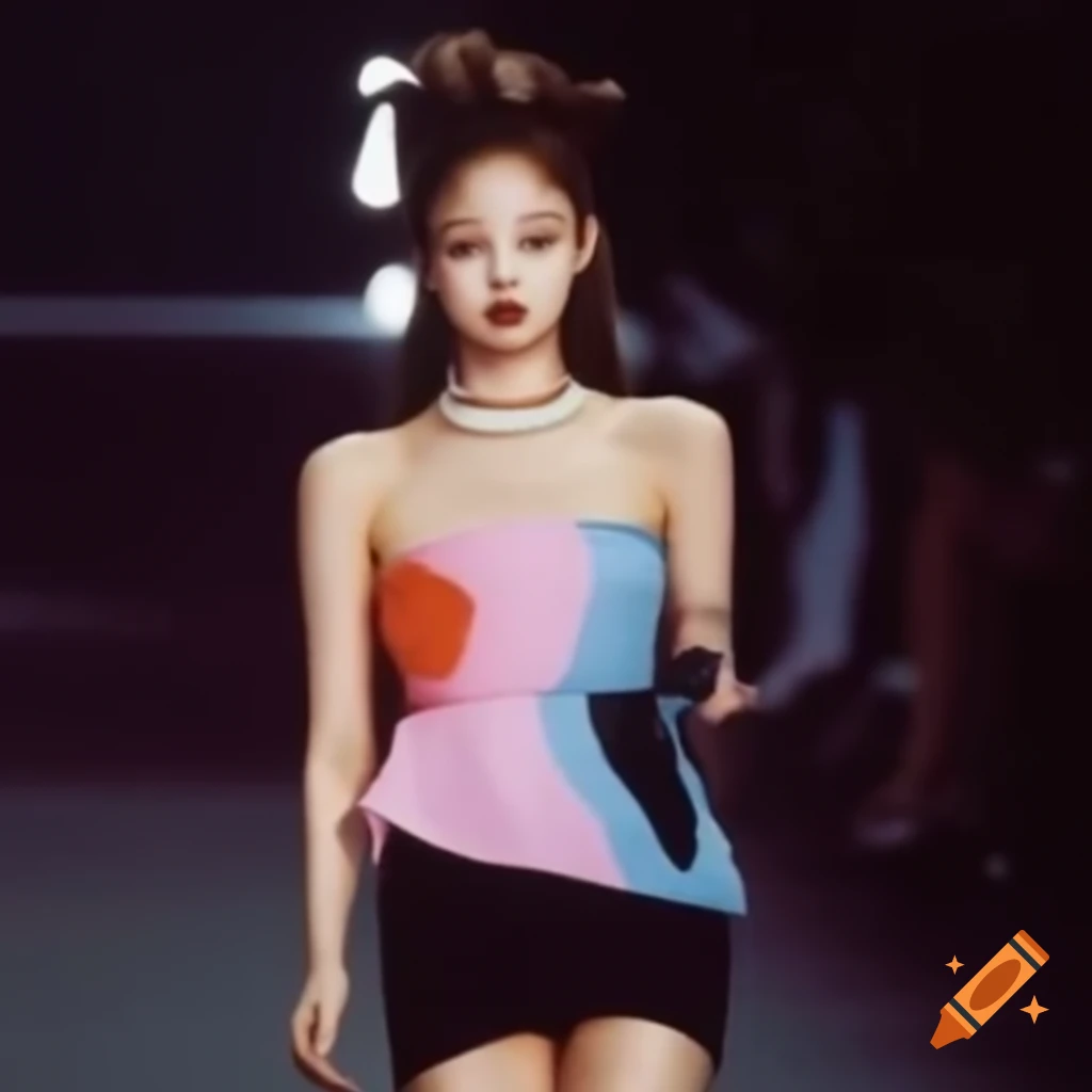 Jennie from BLACKPINK modeling vintage 90s mini dress on catwalk on Craiyon
