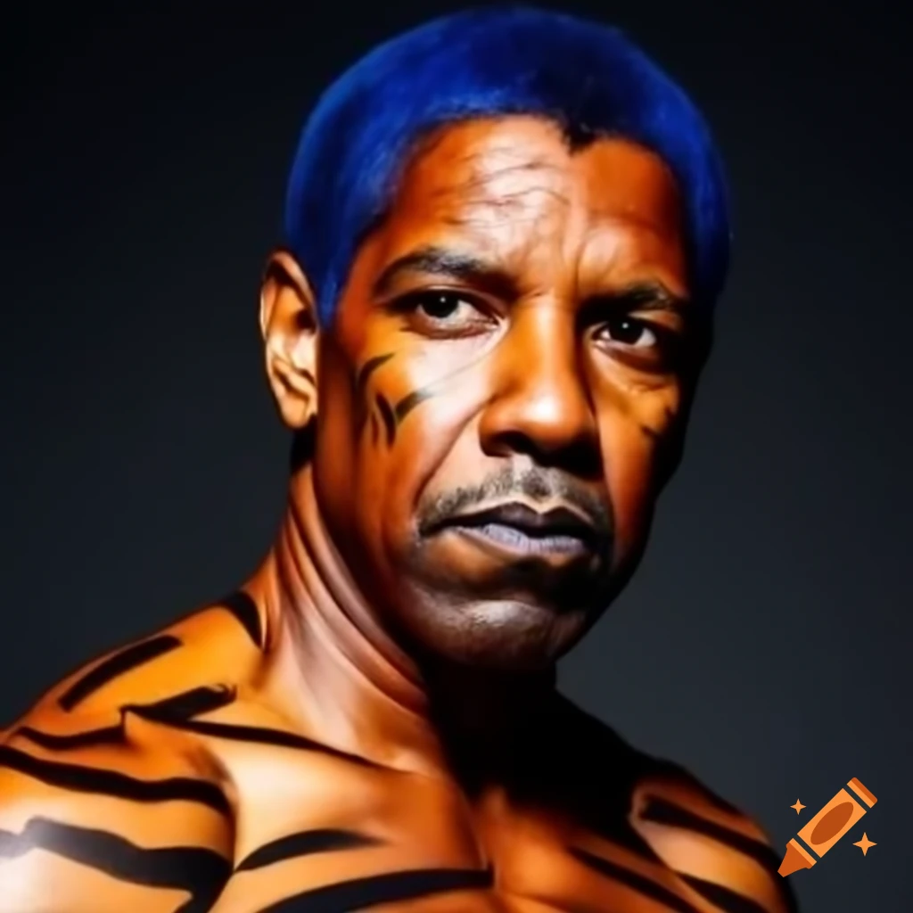 Muscular man with tiger-style makeup, blue hair and orange skin with ...