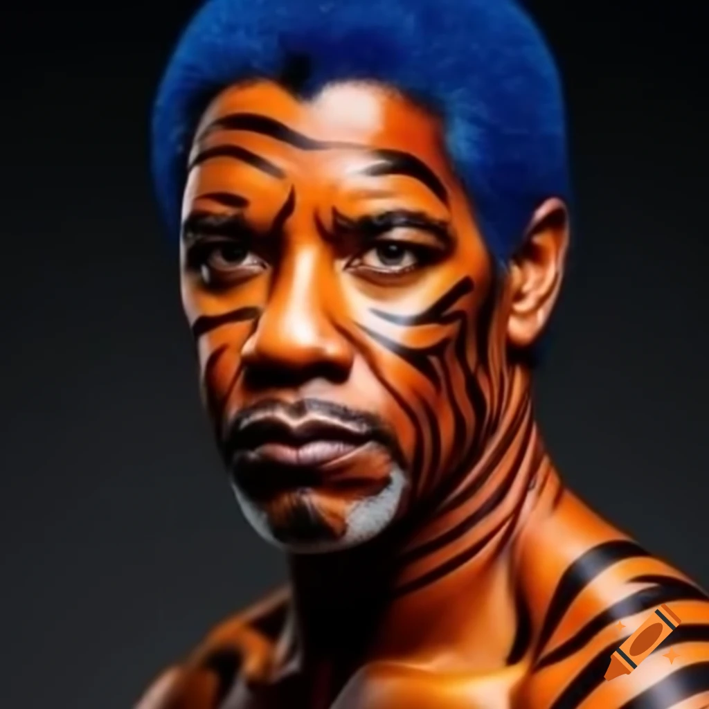 Muscular man with tiger makeup, blue hair, and orange skin with black ...