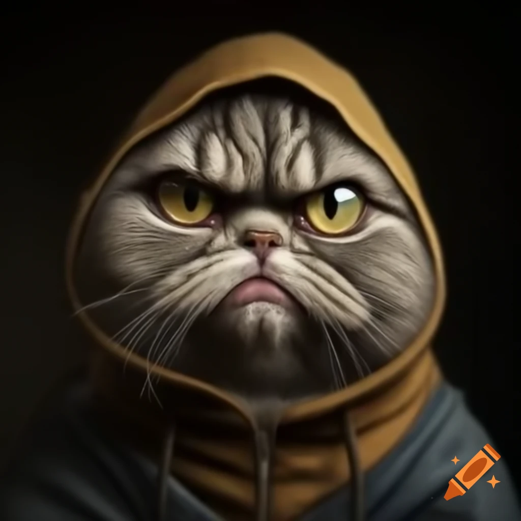 Realistic portrait of wise grumpy cat with human-like features on Craiyon