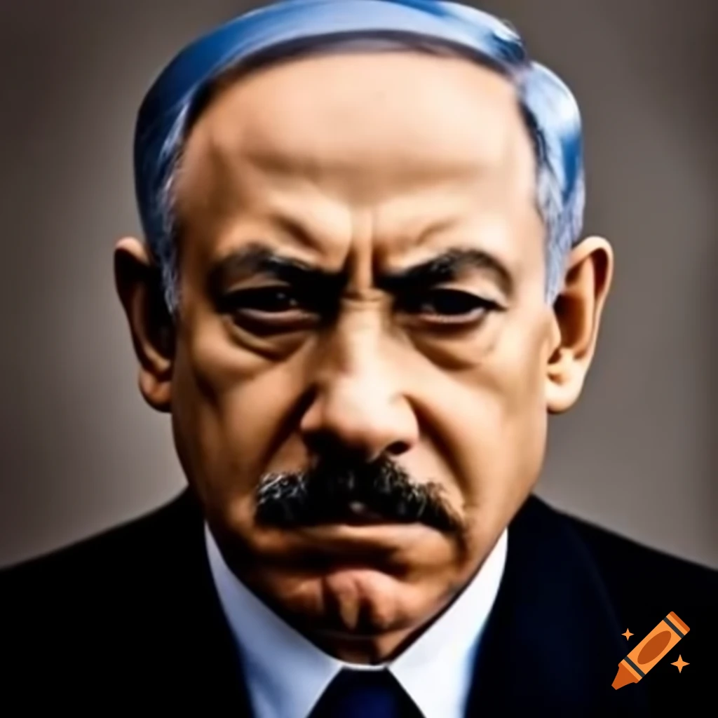 Political satire depicting Benjamin Netanyahu with a mustache ...