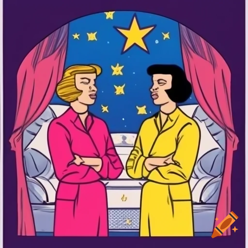 1960s comic style scene with two figures in starlit hotel room on Craiyon