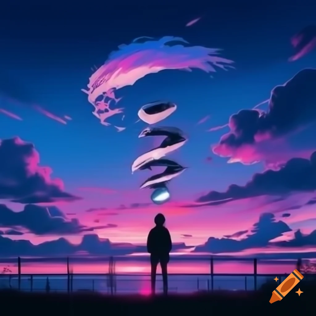 Signal Fade Album Artwork with J-pop theme and glitchy anime sky on Craiyon