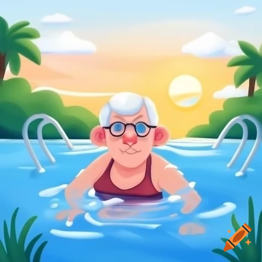 Senior citizen enjoying sunset while wading in swimming pool on Craiyon